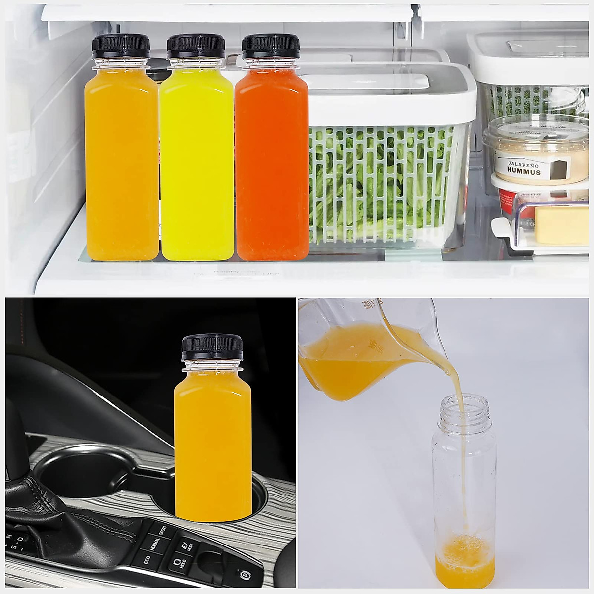 HIQQUGU 6 Pcs 10 OZ Plastic Juice Bottles, Reusable Bulk Beverage Containers, For Juice, Milk And Beverages, with Black Lids.
