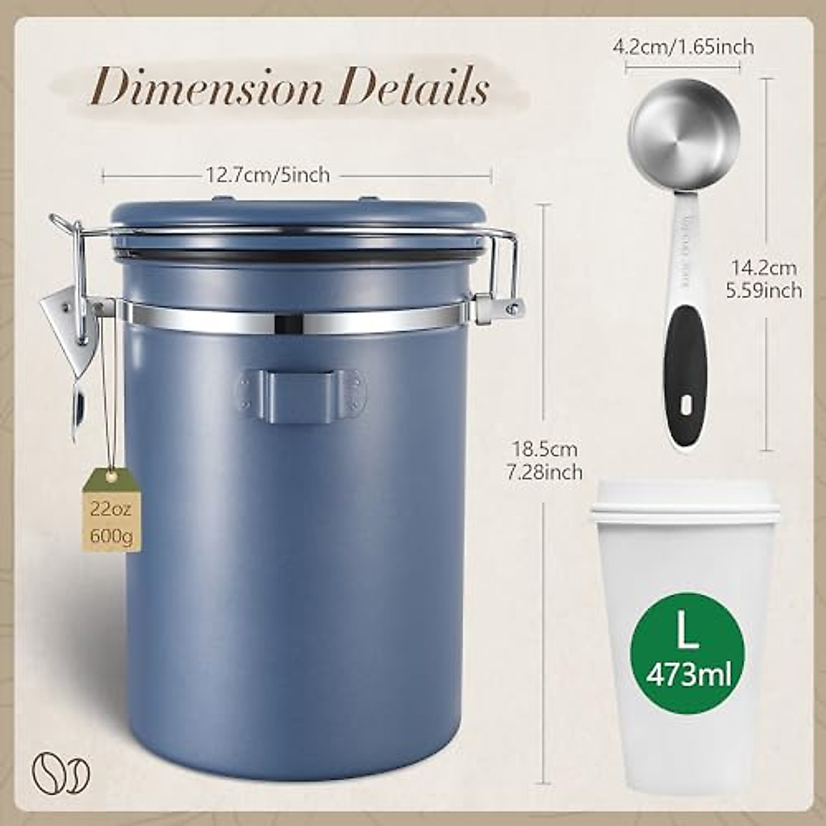 RODDEN Airtight Coffee Canister 22OZ Stainless Steel with Date Tracker, Measuring Scoop, CO2 Releasing Valves, Kitchen Food Storage Contanier, 1800ml