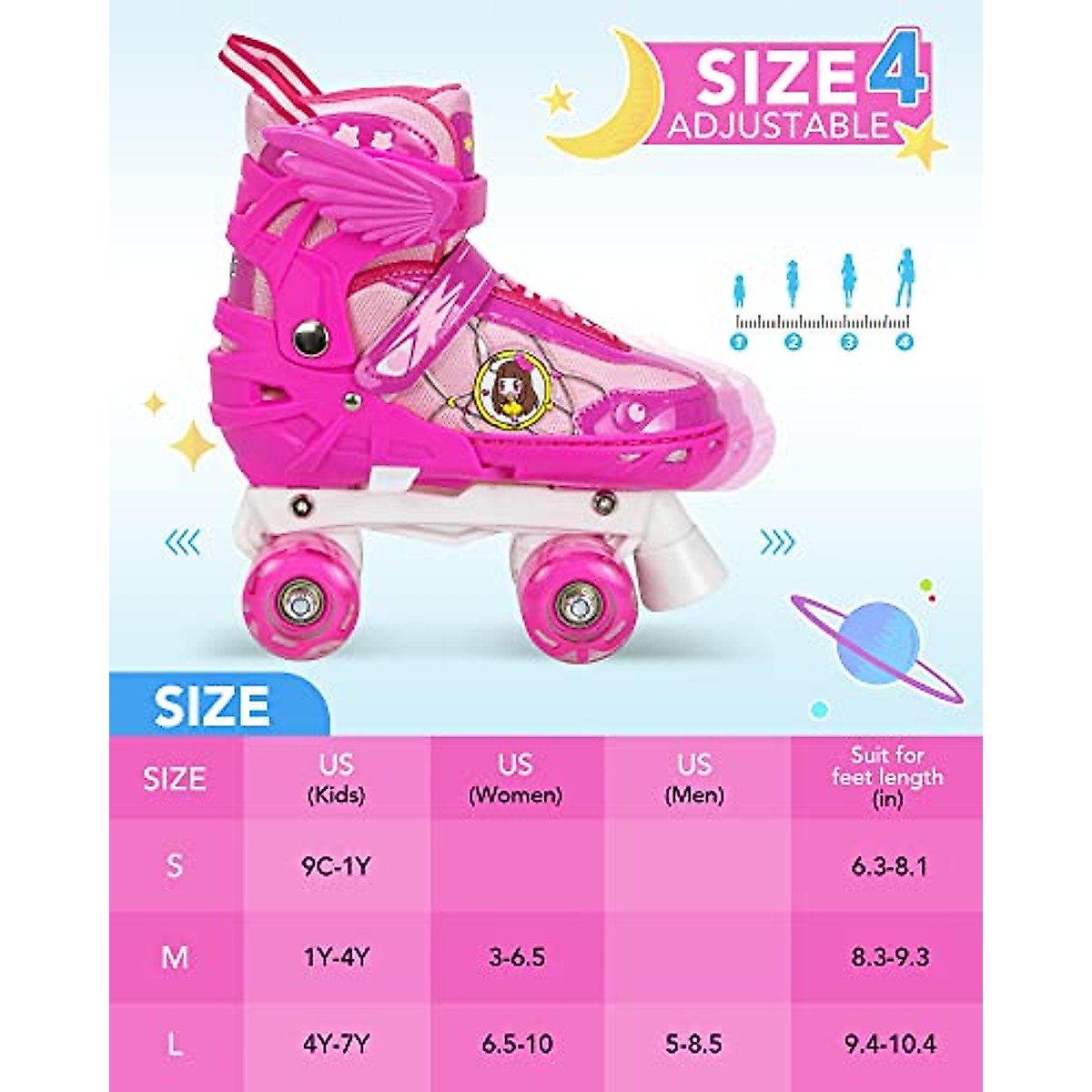 M-GRO Adjustable Skates for Kids, 8-Wheeled Skates for Kids,rollerskates Girl and Boys，Adjustable Size Suitable for Indoor and Outdoor use