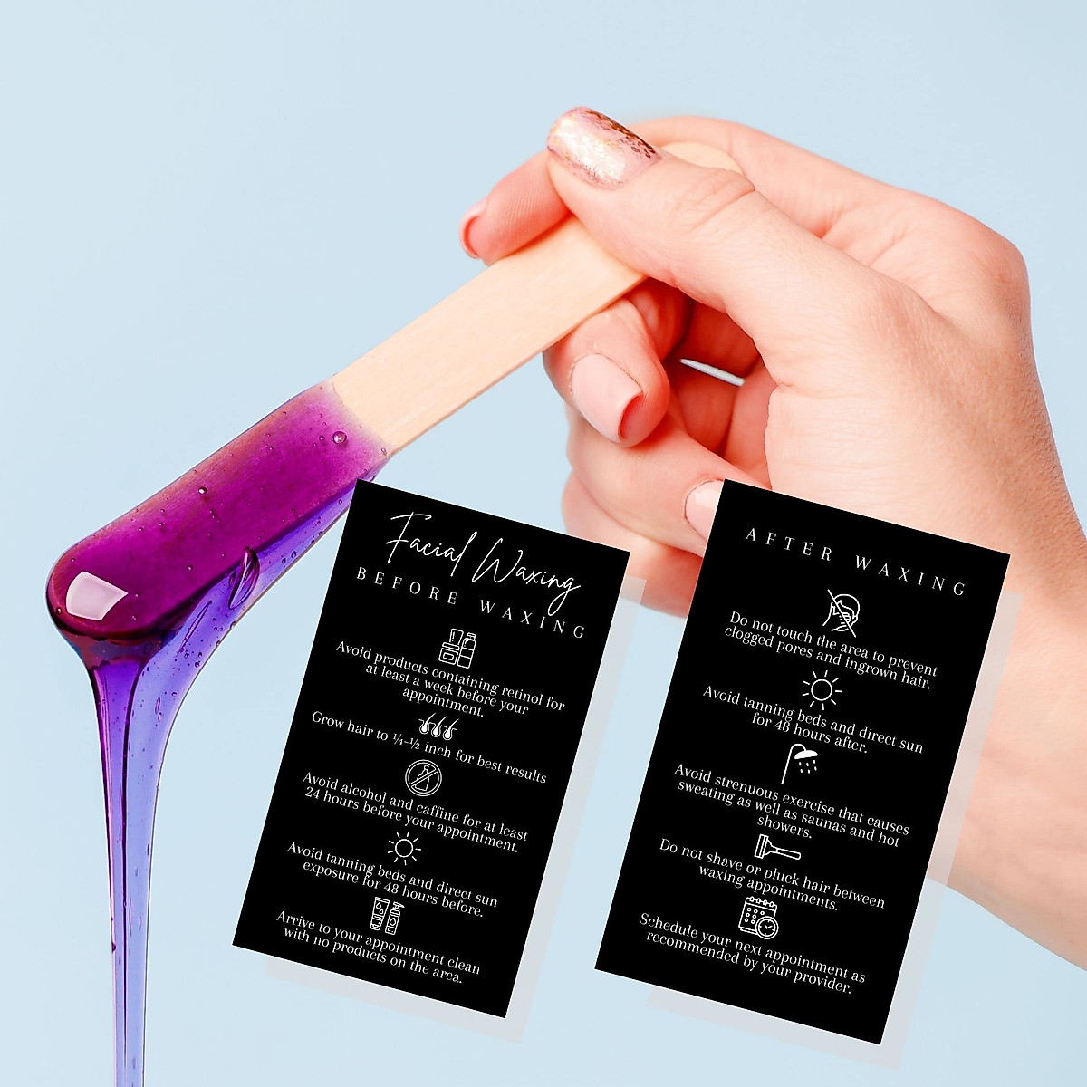 Facial Waxing Before & After Instruction Card | 50 Pack | 2x3.5” in Business Card | Waxing Supplies | Facial Waxing Instructions Cards for Estheticians Using Hard or Soft Wax | Black and White Design