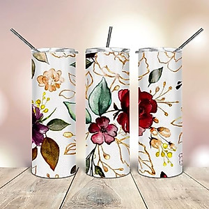 Floral Skinny Tumbler, Flower Travel Mug, Reusable Metal Straw & Lid, Double-Wall Vacuum Bottle Cup for Hot and Cold Drinks, Gifts Women (20 oz)