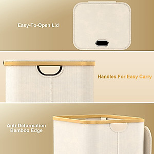 Homykic Laundry Hamper with Lid, 100L Tall Laundry Basket Collapsible with Bamboo Handles, Large Waterproof Laundry Bin Storage for Dorm, Bathroom, Bedroom, Clothing, Clothes, Toys, Cream White