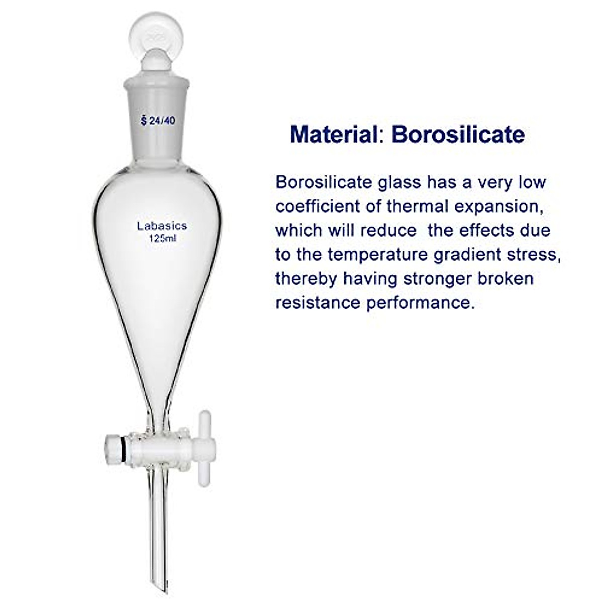 Labasics Borosilicate Glass 125ml Conical Separatory Funnel with PTFE Stopcock, 125mL