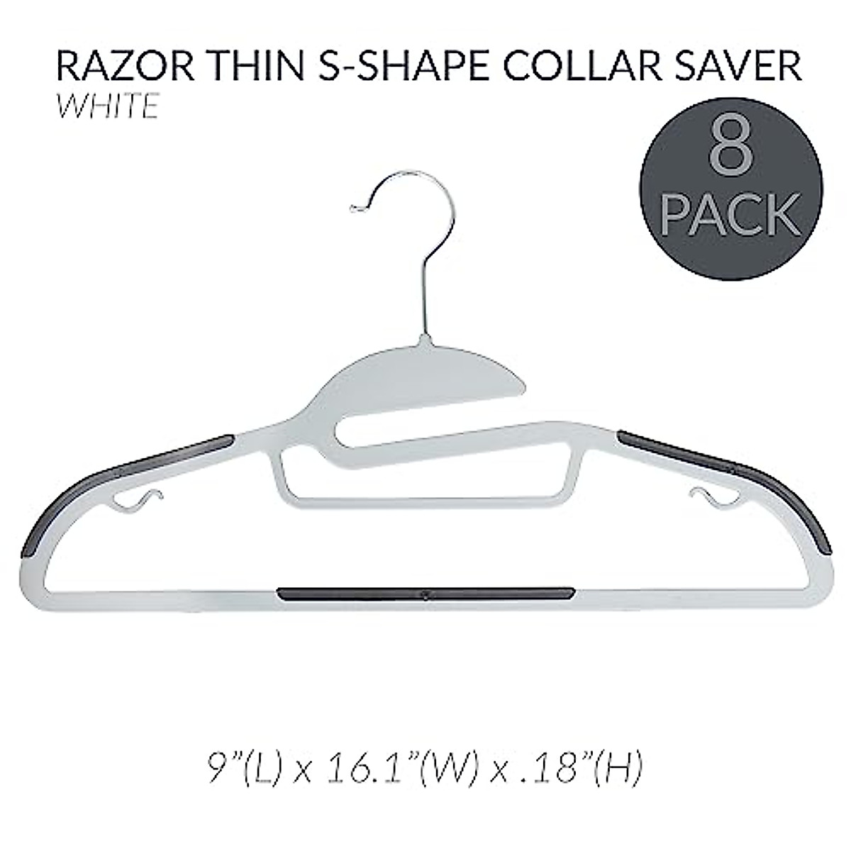 Simplify 8 Pack Ultimate Hanger | S-Shape Collar Saver | Ultra-Thin | Non-Slip | Accessory Bar | Belts | Scarves | Ties | Tank Top | Closet Organization | White