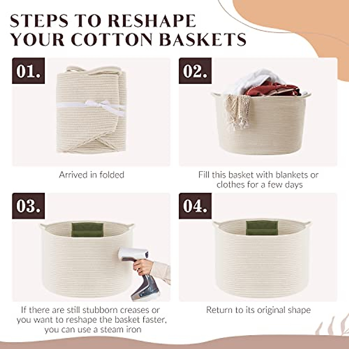 Maliton Extra Large Blanket Basket, Woven Cotton Rope Basket for Toys Towels, Pillow Basket with Handles, Nursery Laundry Basket with Storage Pockets, 20" x 13" Large Rope Baskets for Storage - White