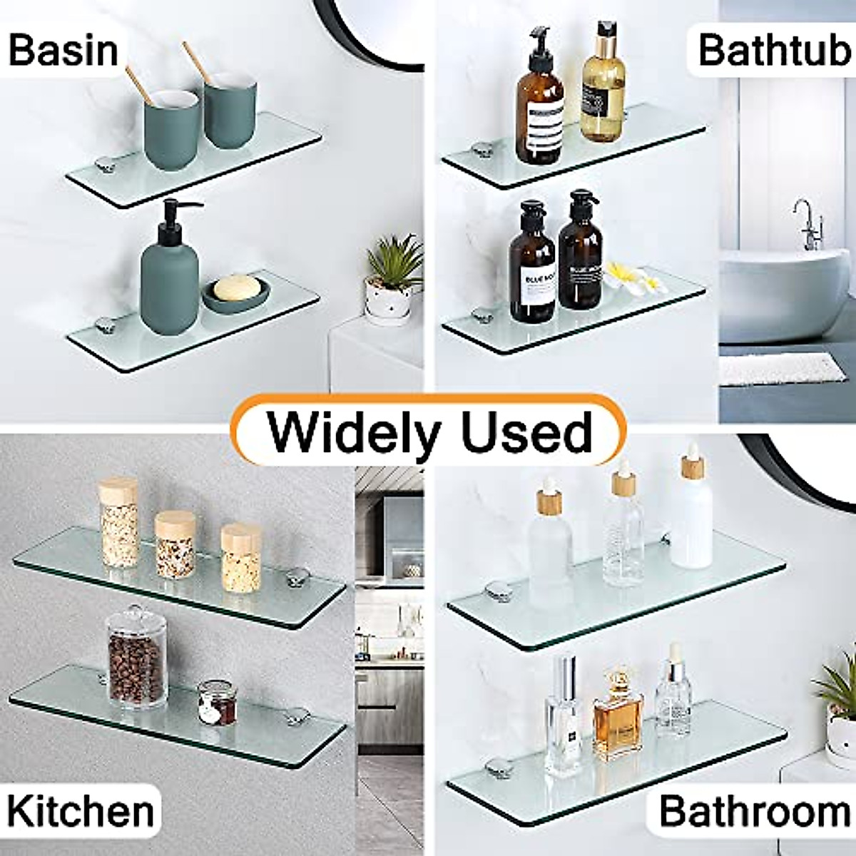 SAYAYO Floating Glass Shelves for Bathroom, 15 x 5 Inch Chrome Tempered Glass Shelf for Wall 1 Pack, Clear