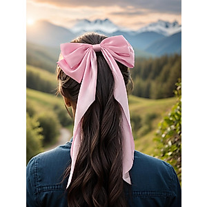 Furling Pompoms Hair Bows for Women,Large Satin Silky Hair Bow Clips Ribbon Long Tail French Barrette Hair Clamps Girls Hair Accessories Party Wedding Christmas Thanksgiving (Black Pink)