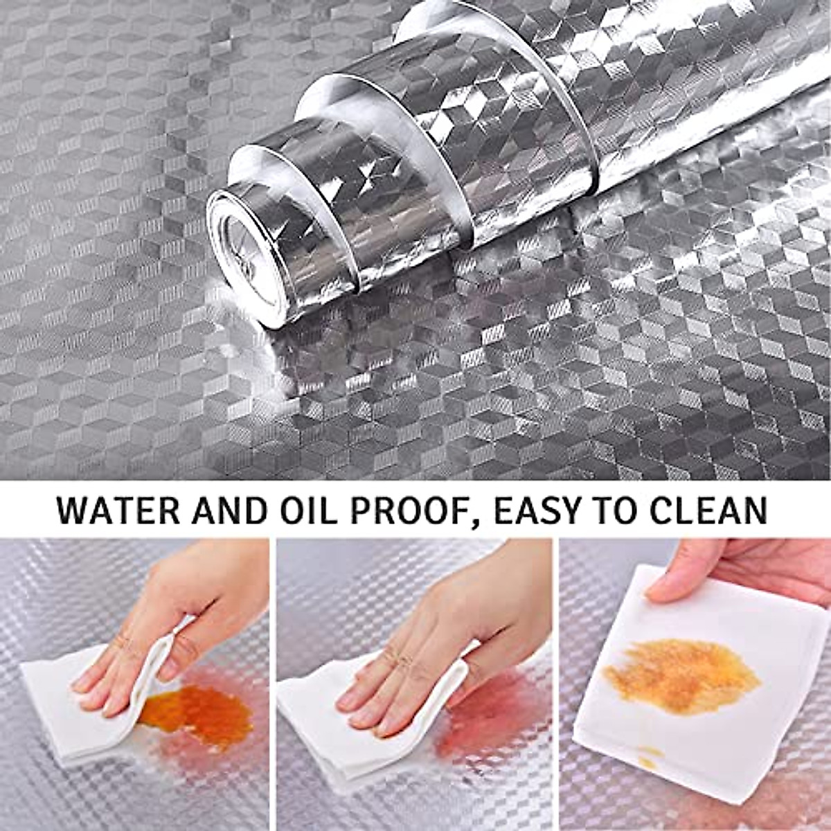 Zomine Kitchen Backsplash Stickers,15.7X196.9 inch, Self Adhesive Shelf Liner Drawer Liner Peel and Stick Foil Wallpaper Cabinets Shelf Sticker (Cube Texture-Silver)