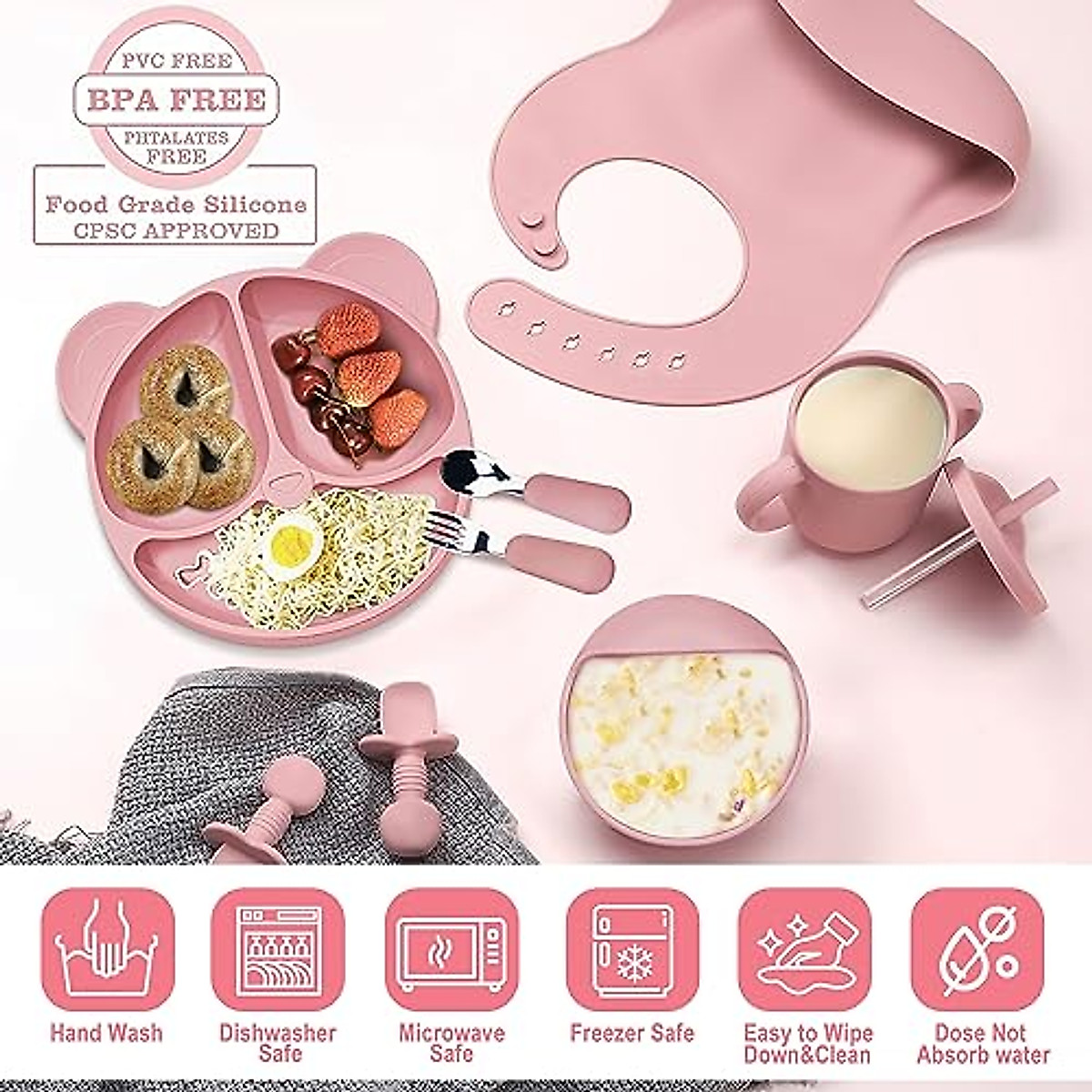 Silicone Baby Feeding Set 10 Pack, Baby Led Weaning Supplies with Suction Bowl Divided Plate, Toddler Self Feeding Dish Set with Bib and Plate, Spoon and Fork, Nipple and Teether, Sippy Cup and Lid
