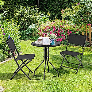 Yaheetech 3 Piece Patio Bistro Set, Outdoor Bistro Set w/2 Folding Chairs, Tempered Glass Table Top, Garden Backyard Dining Table Set All Weather Resistant Outdoor Furniture Set, Black