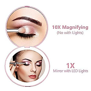 Kintion Compact Mirror with Light, 1X/10X Magnification Travel Mirror, Rechargeable Pocket Mirror LED Purse Mirror, 2-Sided, Folding, Handheld, Round, Small Makeup Mirror with Light for Gift (Pink)