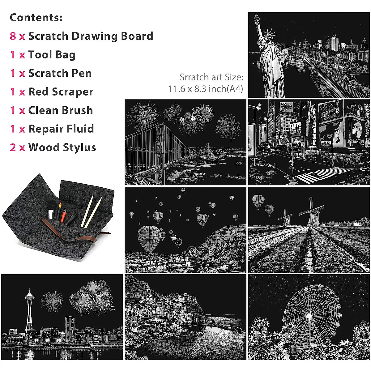 Scratch Painting Kits for Adults & Kids, Rainbow Painting Night View Scratchboard(A4), Crafts Set: 8 Sheets Scratch Cards with 6 tools in Bag - New York, Statue of Liberty, Seattle(America / Europe)