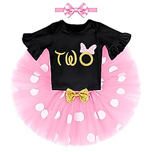 Cake Smash Wild Two Birthday Clothes for Baby Girls Polka Dots Romper Tulle Dress Ear Princess Pageant Outfits Sundress Playwea Pink+Black 2T