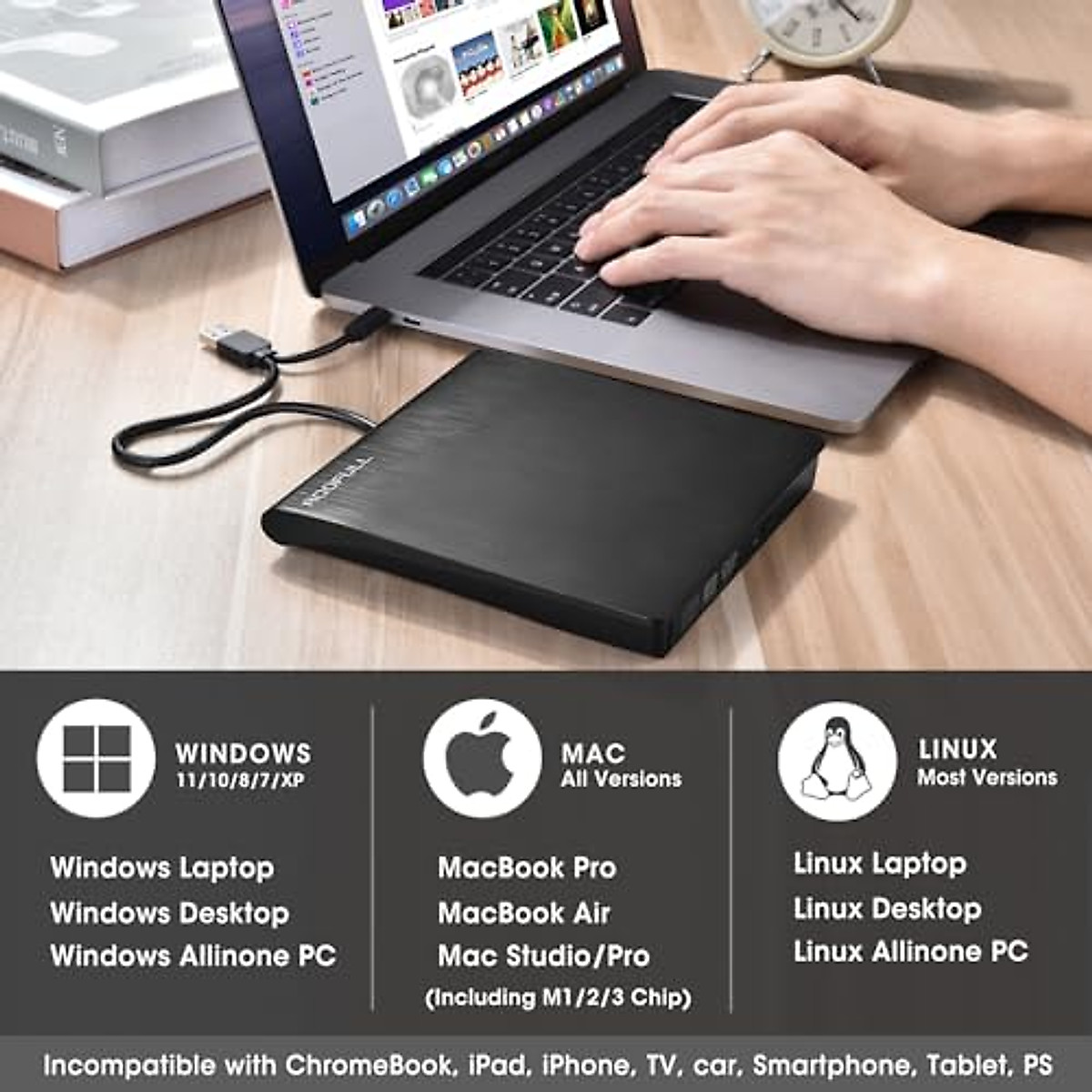 ROOFULL External CD DVD Drive USB 3.0 & USB-C with Carrying Case, Portable USB ROM +/-RW Optical Disk Drive Player Burner for Laptop Mac Computer MacBook Pro/Air, Windows 11/10/8/7 Desktop PC