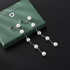 Long Pearl Earrings for Women 14K Silvery Plated Threader Earrings Pearl Ball Drop Elegant Gold Pearl Tassel Earring for Teen Girls