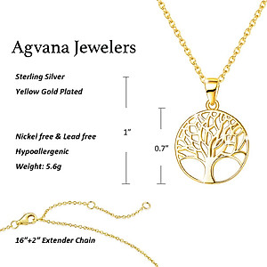 AGVANA Gold Plated Sterling Silver Tree of Life Pendant Necklace for Women Dainty Family Tree Necklace Anniversary Jewelry Birthday Gifts for Women Mom Wife Lover Grandma Her
