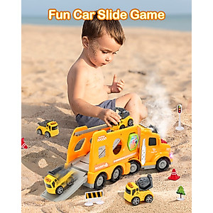 HOLY Fun 5 in 1 Construction Truck Toy Set, Transport Carrier Truck with Spray Sound& Light, 4 Small Engineering Mixer Excavator Crane Dump Car, Friction Power Truck Set, Early Learning Gift for Kids