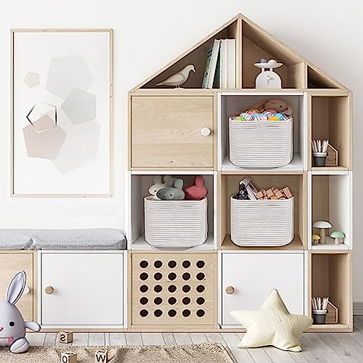 MEGASKET White Baskets for Organizing Set 3, 14.9" X 9.4" X 8.6" Cotton Rope Woven Baskets with Handles, Shelves White Wicker Storage Baskets, Baby Kids Closet Organizer Storage Bins, Cream White