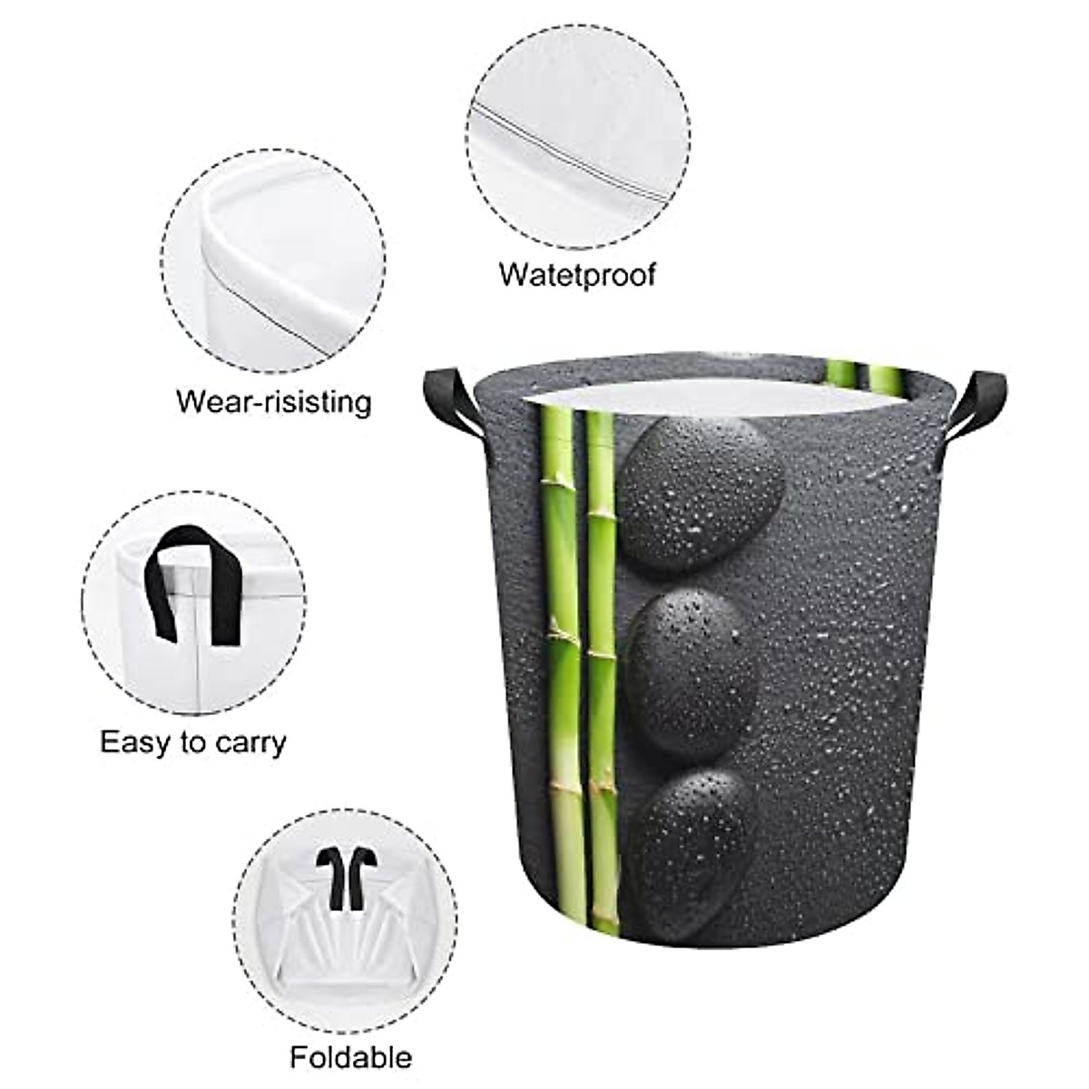 Oyihfvs Black Zen Basalt Stones with Dew Green Bamboo on Dark Collapsible Waterproof Laundry Hamper with Handles, Tall Washing Storage Large Organizer Round Basket Bin for Toys Clothes