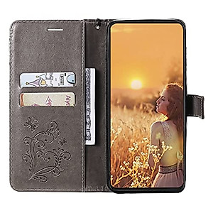 SATURCASE Case for Oppo Reno 6 Pro 5G, Butterfly Embossing PU Leather Flip Magnet Wallet Stand Card Slots Hand Strap Protective Cover for Oppo Reno 6 Pro 5G (Gray)