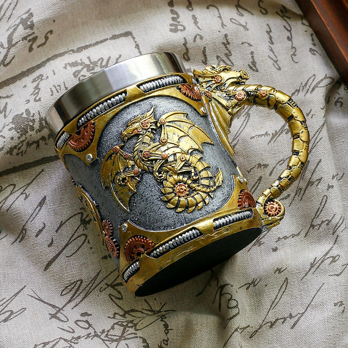 alikiki Medieval Steampunk Dragon Mug - 15.8oz Renaissance Mechanical Dragons Beer Stein Tankard Stainless Coffee Cup Father Day Gift Mug for Dragon Collector Lovers Themed Party Decoration