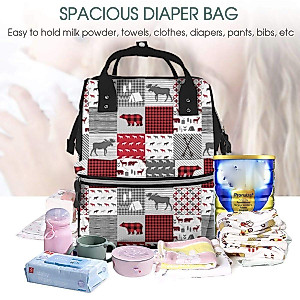 Vintage Happy Camper Red Bear Moose Lumberjack Diaper Bag Backpack Waterproof Multi-Function Baby Changing Bags Maternity Nappy Bags Durable Large Capacity