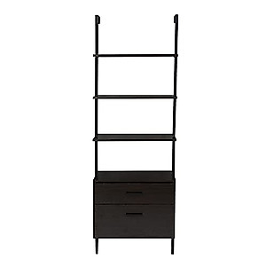 Industrial Bookshelf with Wood Drawers and Matte Steel Frame,Wood Metal Ladder Bookshelf, Industrial 5-Tier Black Bookcase with Storage Cabinet,for Living Room, Shelves for Storage Bedroom
