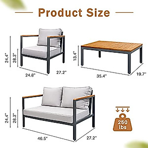 Greesum 4 Piece Furniture Patio Lounge Conversation Set Solid Wood Armrest & Table Top Anti-Drop Thick Waterproof Cushion, Beige