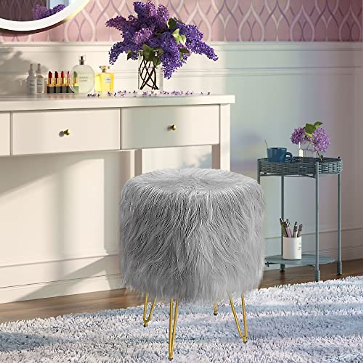 GREENSTELL Vanity Stool Chair with Storage, 15.75" W x 19.29" H Round Faux Fur Ottoman with 4 Metal Legs, Furry Padded Seat, Modern Multifunctional Makeup Stool for Bedroom Living Room Grey