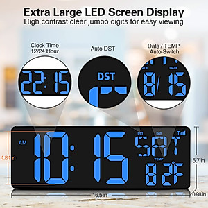 XREXS Large Digital Wall Clock WiFi Sync, 16.5 in Large Display Wall Clock with Temperature/Date/Week, LED Big Digital Timer Clock with Remote Control, Alarm Clock for Home and Office, Auto-dimming