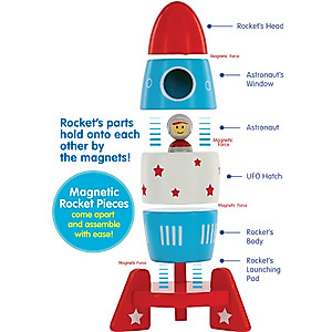Svan Wooden Stacker Toy Space Rocket - 6 Magnetic Stacking Pieces - Magnet Building Set with Surprise Astronaut Inside, Fun Hands On Game for Kids, All Natural Wood, Childrens Interactive Play