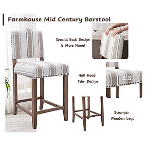 CIMOTA Counter Height Bar Stools Set of 2 Farmhouse Bar Chairs Mid Century Counter Stools Barstools with Back Kitchen Stools with Wood Legs for Island/Dining Room, Linen Beige Brown Stripe, 26 Inch