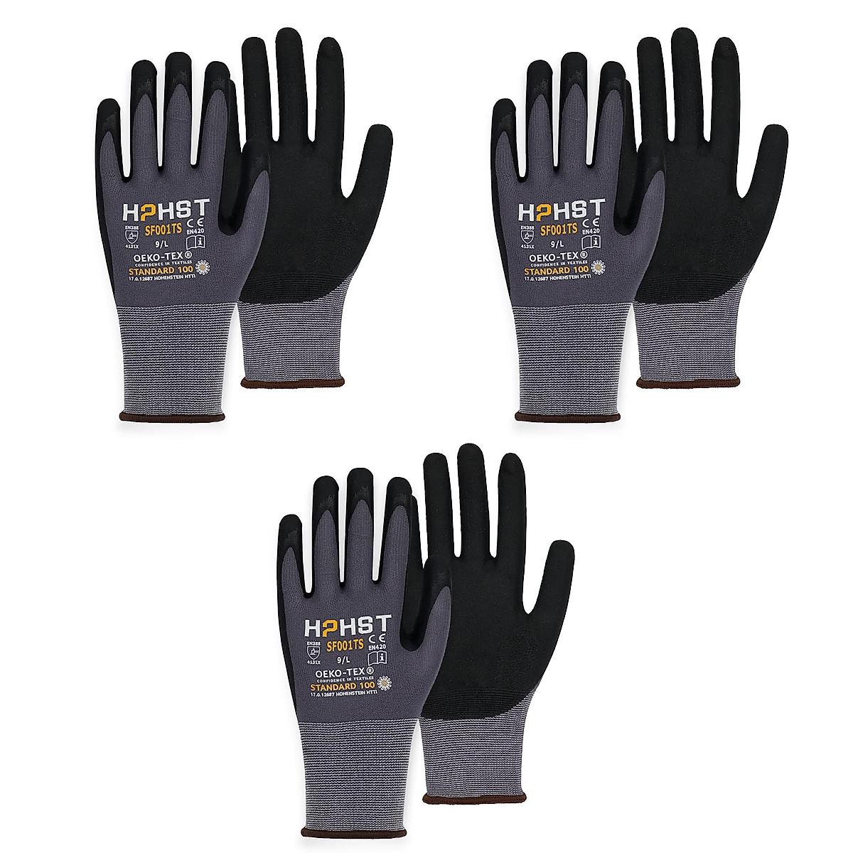 HPHST Safety Work Gloves Micro Foam Nitrile Coated,Seamless Knit Nylon Glove with Black Micro-Foam Nitrile Grip,Ideal for General Purpose,Automotive,Home Improvement,Grey Large 3 Pairs Pack