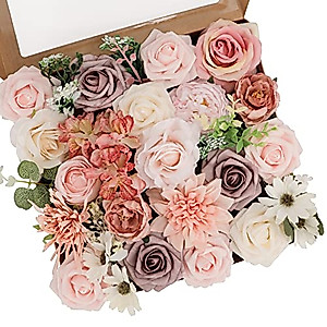 JPSOR Dusty Rose Flowers Fake Roses, Blush Flowers Pink Roses Artificial Flowers Combo Box Set with Foam Flowers for DIY Wedding Bouquets Bridal Shower Centerpieces Table Decoration
