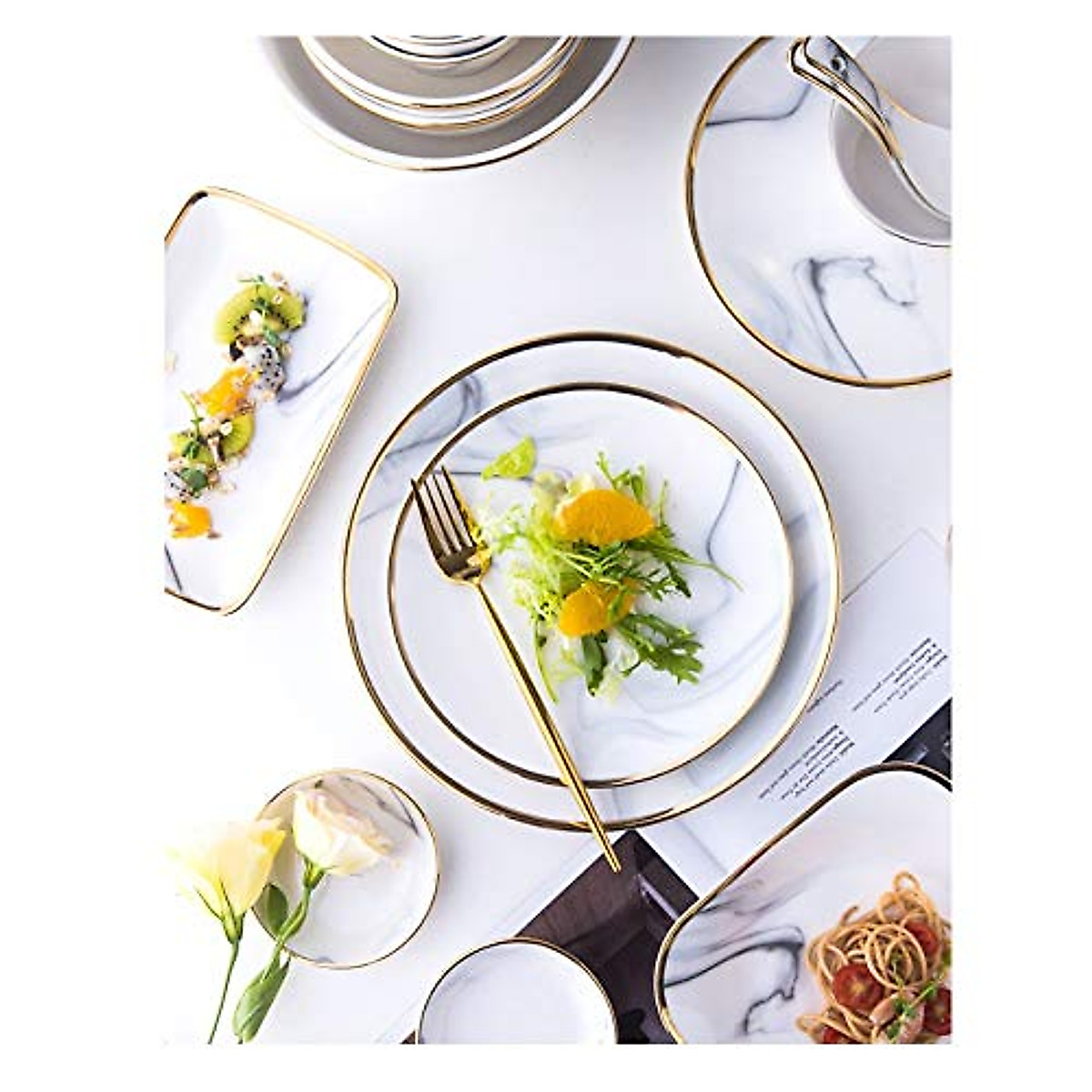 ZLDGYG Christmas Bowl Dish Set Nordic Wind Ceramics Phnom Penh Marble Tableware Set Bowl Soup Dishes And Dishes for Household Use (Color : 42 sets)