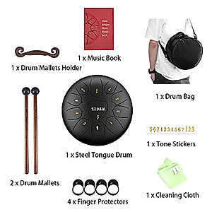 EGMI Tongue Drum 10 Inch 11 Note Percussion Instrument Tank Drum with Mallets Mallet Bracket Cleaning Cloth Finger Picks Music Book Sticker Notes Travel Bag, Portable for Concert Yoga (Silver)