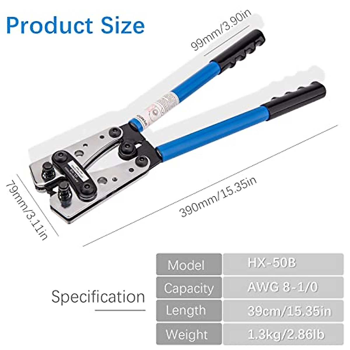Battery Cable Crimping Tool Battery Terminal Crimper Battery Lug Crimper for Heavy Duty Wire Lug AWG 8-1/0 Electrical Lug Crimper with Cable Cutter and 12PCS Copper Lugs, Battery Cable Crimper