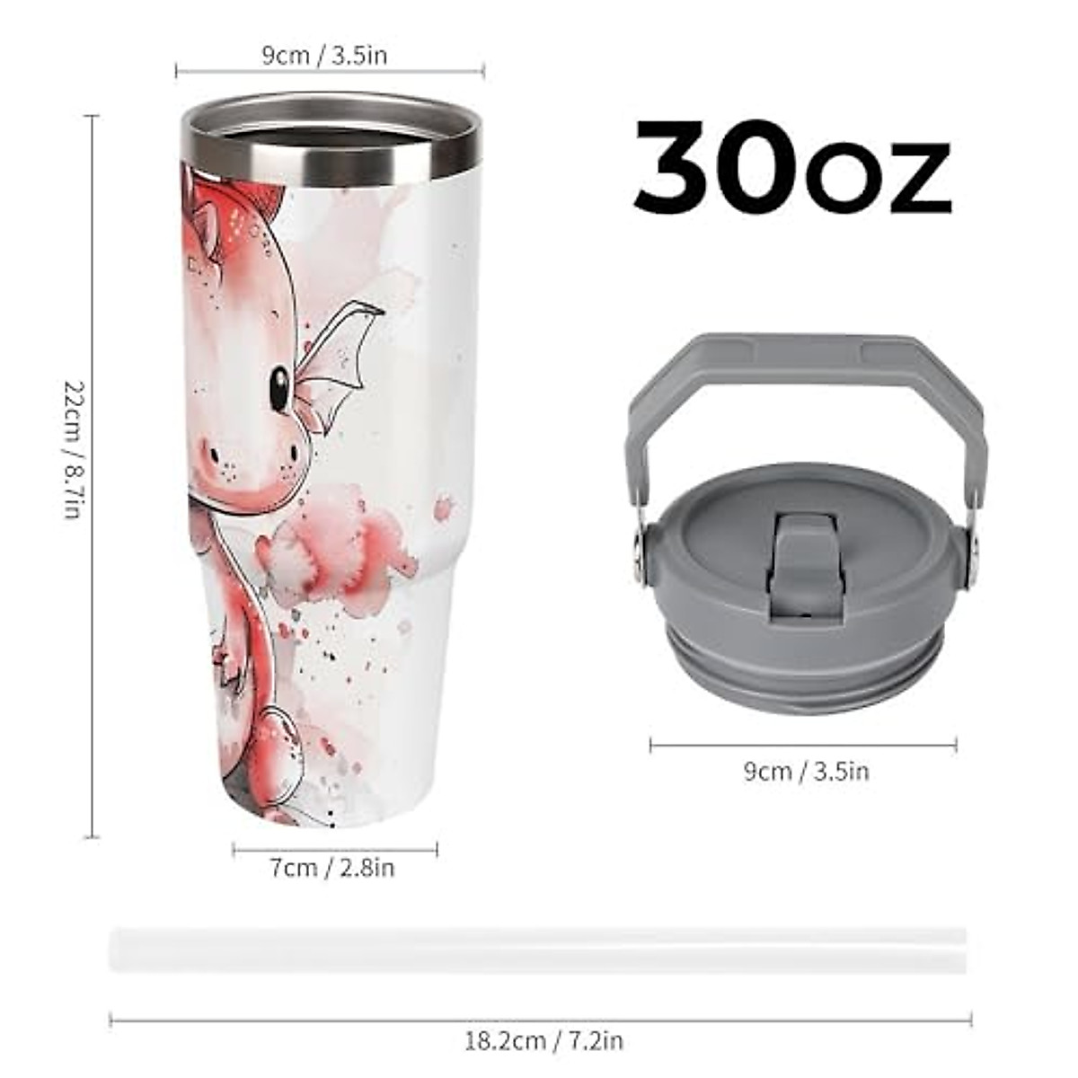 30oz Stainless Steel Insulated Tumbler with Flip Lid & Straw, Leakproof Travel Mug for Car, Ink Style Dragon Double Wall Vacuum Thermal Coffee Cup with Handle, Spill-Proof Design for Hot/Cold Drinks