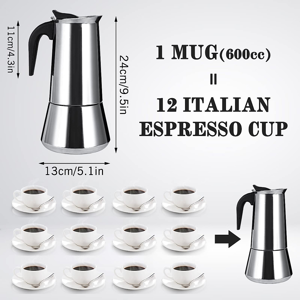 Stainless Steel Stovetop Moka Pot Espresso Maker Percolator 12 Cup 600ml Portable Italian Greca Cuban Coffee Maker for Big Family Home Office Camping, Work with Gas Electric Ceramic Stovetop