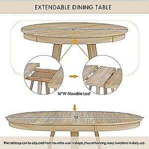 5 PCS Extendable Upholstered Dining Sets Include Round Table and 4 Chairs for Dining Room and Living Room ,More Functional Design with 16"W Butterfly Leaf Convertible to Oval Tabletop, Natural+Grey