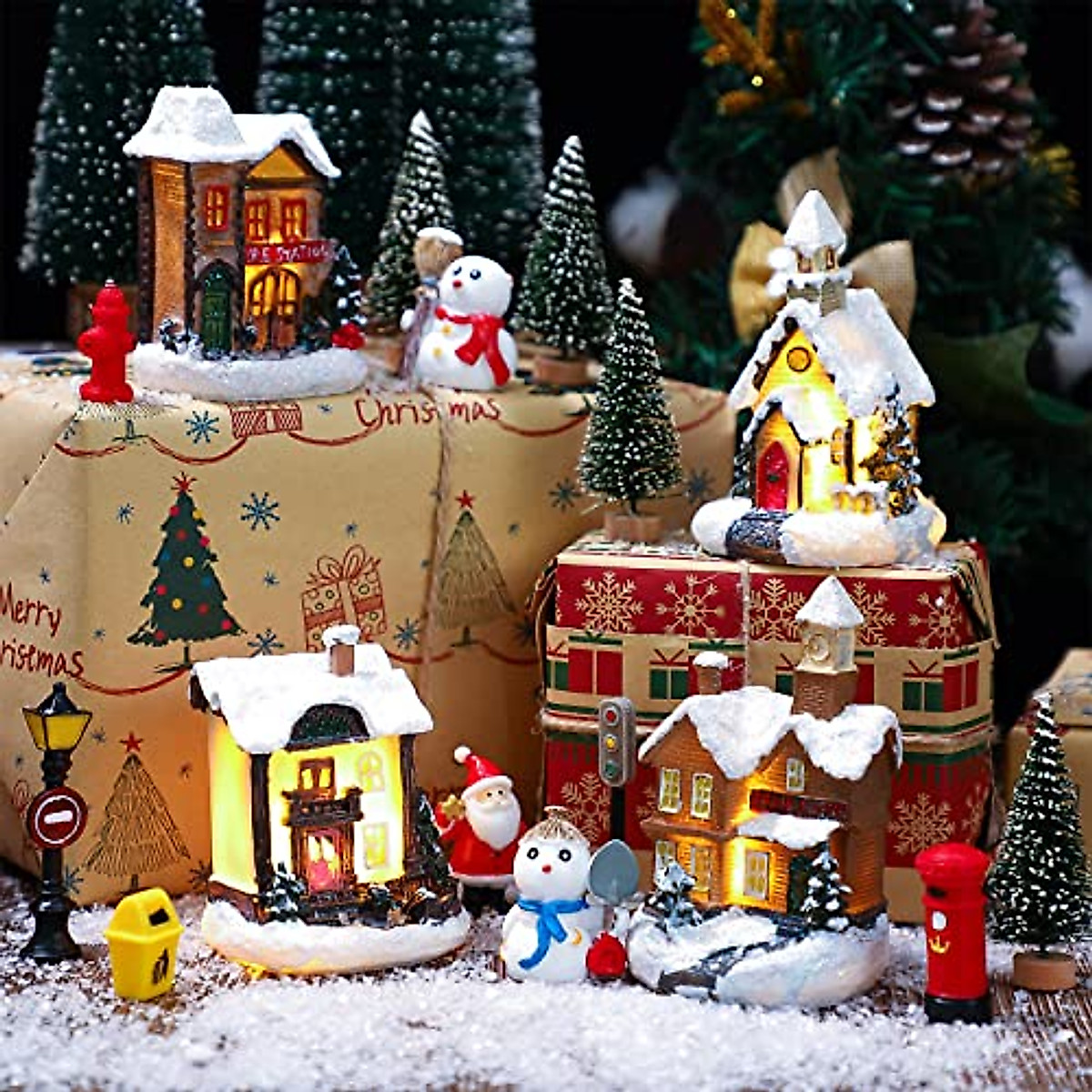 16 Pieces Christmas Village Set - Battery Operated Houses, Xmas Town Scene Desktop Ornament, Figurines, Accessories, Resin Buildings, Landscape Decor