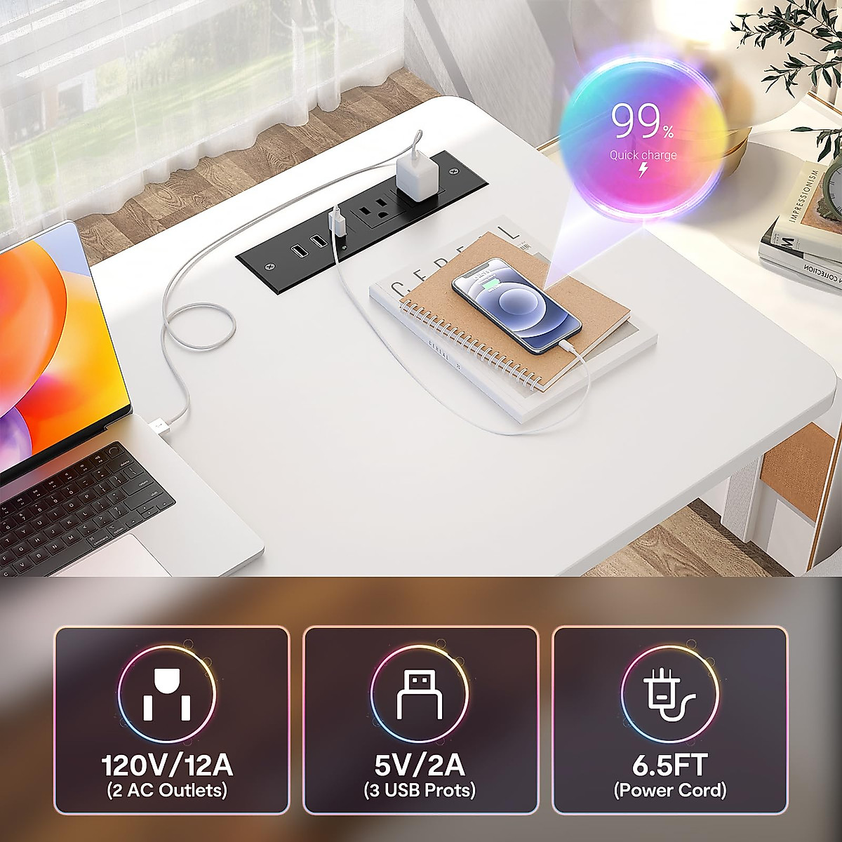 armocity Height Adjustable Standing Desk with Power Outlets, White