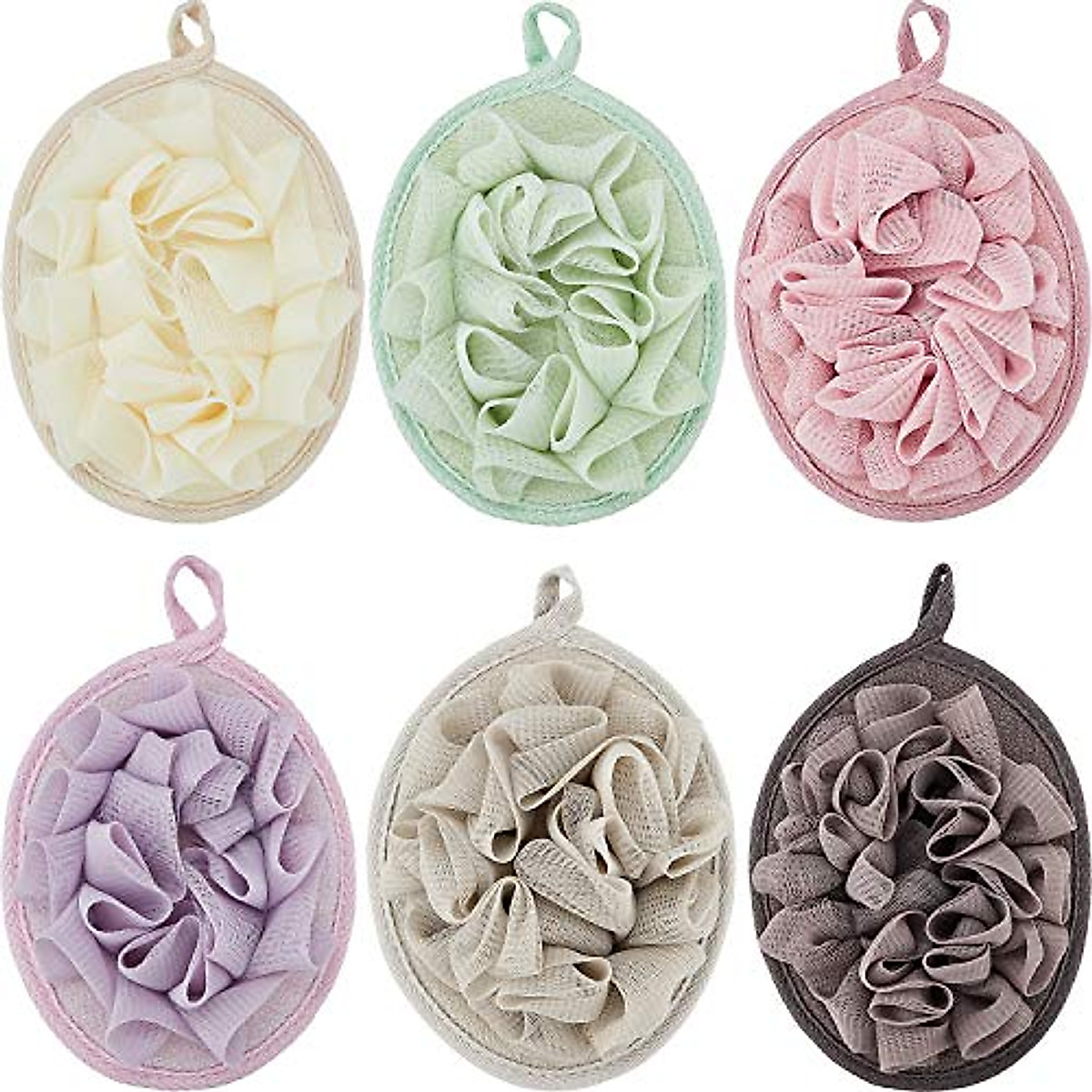 6 Pieces Bath Shower Loofah Pouf Sponge Mesh Pouf Shower Ball Exfoliating Body Loofah Pad Shower Scrubber Ball Shower Glove with Flower Bath Ball (Multi-color)