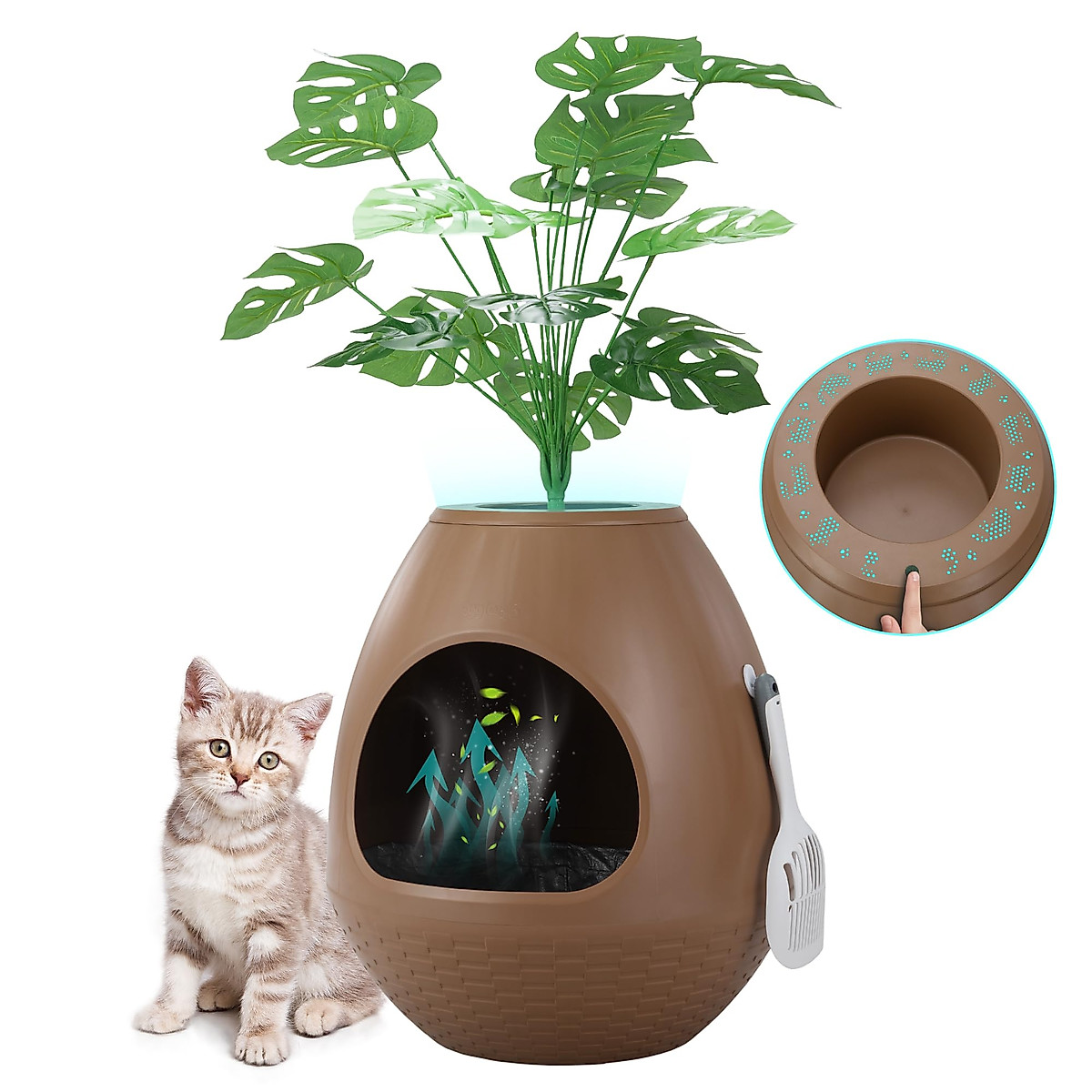 Eggloa6 Litter Box Plant Cat Litter Box Enclosure Secret Hidden Kitty Planter Litter Box Cat Litter & Housebreaking Cat Furniture with Smart Odor Removal System, Artificial Plants & Scoop (Brown)