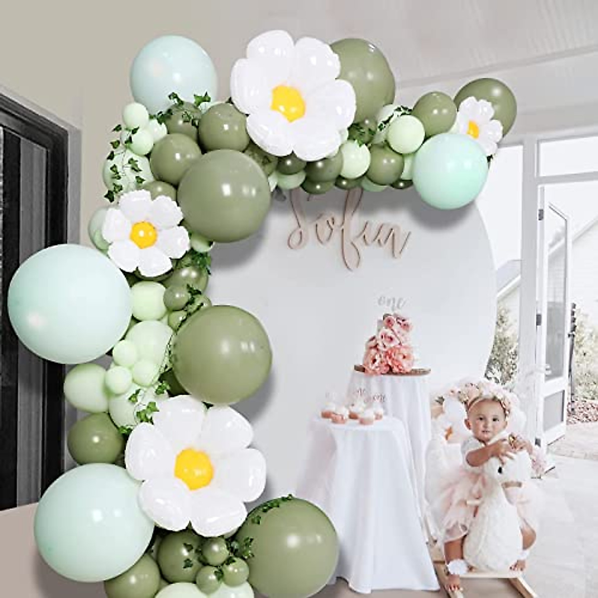 BIRSAT Daisy Balloon Arch Kit for Girls Pastel Green Birthday Decorations, Sage Green Balloons Garland for Women Neutral Jungle Baby Shower Party Supplies, Greenery Flower Theme Bridal Shower Parties