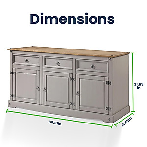 Furniture Dash Solid Wood Sideboard Buffet 65.9" W, 16.9" D, 31.6" H - Wooden Storage Cabinet, Cupboard Console Table, Ideal for Living Room, Kitchen Island, Dining Room