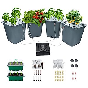 Lawnful 4 Hydroponic Buckets Kit for Plants, Hydroponics Growing System for Herbs/Tomato/Vegetables, DWC System with Air Pump & Germination Tray (Complete Indoor Hydroponic Gardening Supplies)