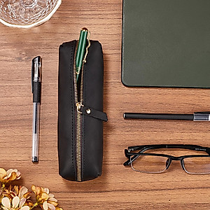 GORGECRAFT Leather Pencil Case Crazy Horse Large Capacity Genuine Leather Pencil Pouch Rectangular Portable Zippered Pen Cases with Zipper for Men and Women Office Supplies Pen Case, Black