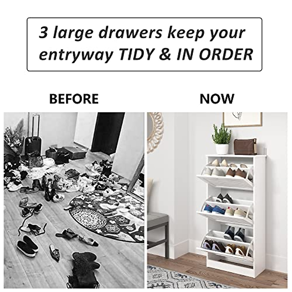 Sweiko Narrow Shoe Cabinet with 3 Flip Drawers Freestanding Shoe Cabinet Organizer with Hidden Handle Wooden Shoe Rack Storage Cabinet for Entryway Hallway Bedroom Living Room White