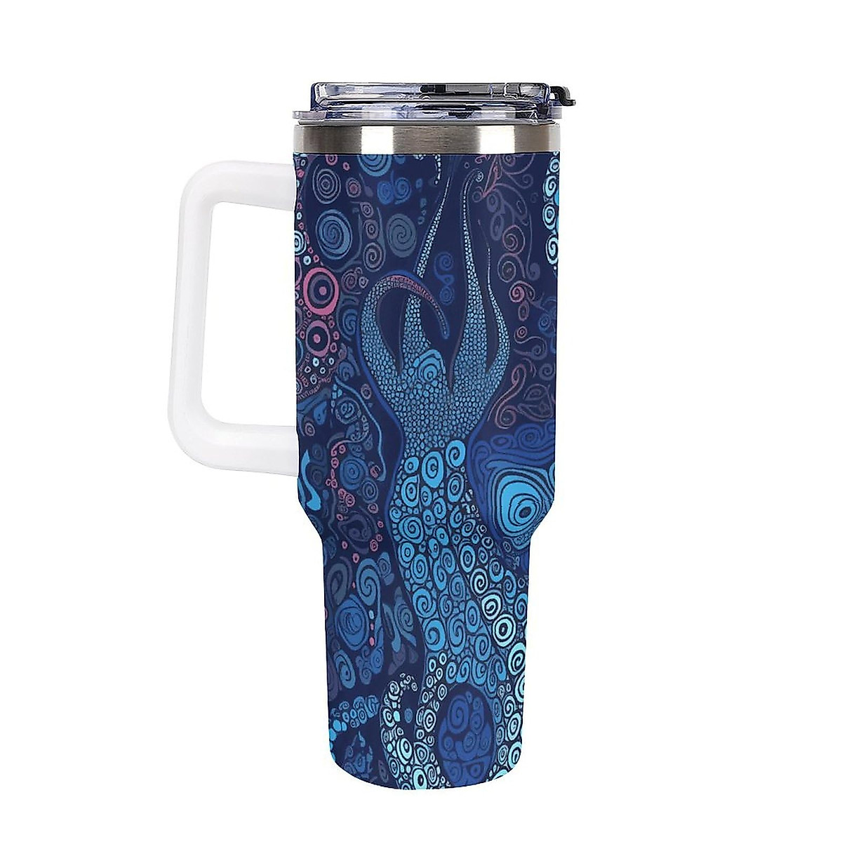 LLUTSNTH 40 Oz Vacuum Tumbler with White Handle Leakproof Insulated Tumbler Blue Octopus Stainless Steel Travel Mug with Lid And Straw Coffee Cup Cute Water Bottles Cup Holder Friendly